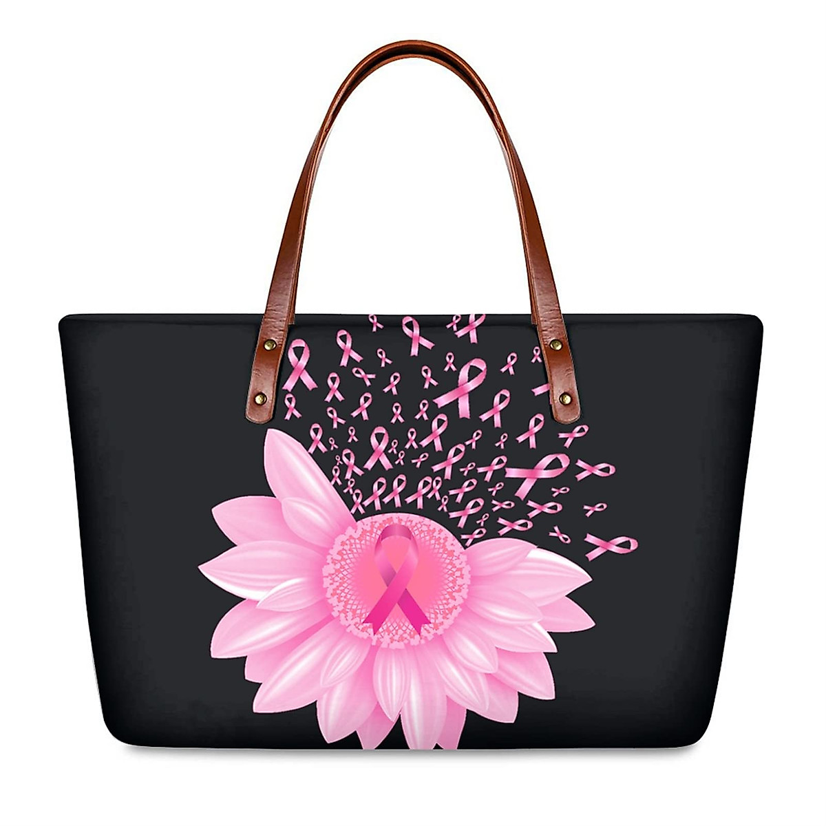 Wideasale Handle Shoulder Bag for Women Large Capacity Flower Pink Ribbon Tote Handbags Meaningful Gift,Breast Cancer Awareness