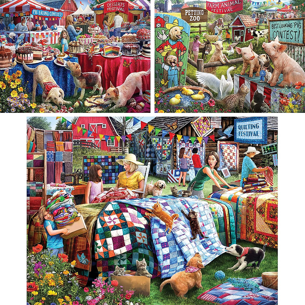 Bits and Pieces – Value Set of Three 500 Piece Jigsaw Puzzles for Adults – Desserts, Farm Animal, Quilting Festival Jigsaw Puzzles by Artist Larry Jones, Completed Puzzle Size: 18" x 24"