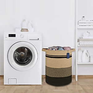 COMSE Extra Large Laundry Basket, Tall Blanket Basket, Laundry Hamper with Handles, 15.7”x 21.7”, Cotton Rope Basket, Woven Laundry Basket, Toy Basket, Clothes Baskets,Woven Basket, Brown/Black