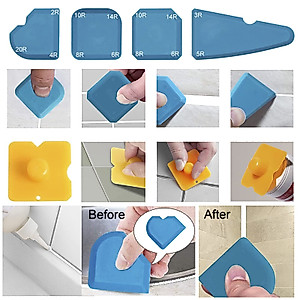 Caulking Tool 5 in 1 Silicone Caulking Grout Removal Tool Sealant Finishing Tool with Grout Scraper, 6 Exchange Silicone Pads, Adhesive Residue Scraper Seam Repair Tool Kit for Kitchen Bathroom
