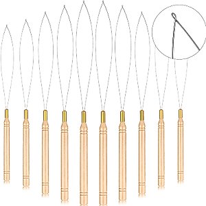 10 Pieces Wooden Hair Extension Loop Needle Kit Hair Extension Loop Tool Threader Wire Pulling Hook Tool and Bead Device Tool Black Loop Threader for Hair or Feather Extensions