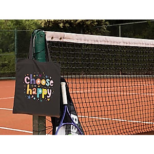 CurryFerry Cute Canvas Tote Bag for Women - Teacher Tote Bag - Inspirational Gifts for Teacher - Black Tote Bag - Reusable Shopping Bags for Grocery Utility Teacher College Work (Choose Happy)