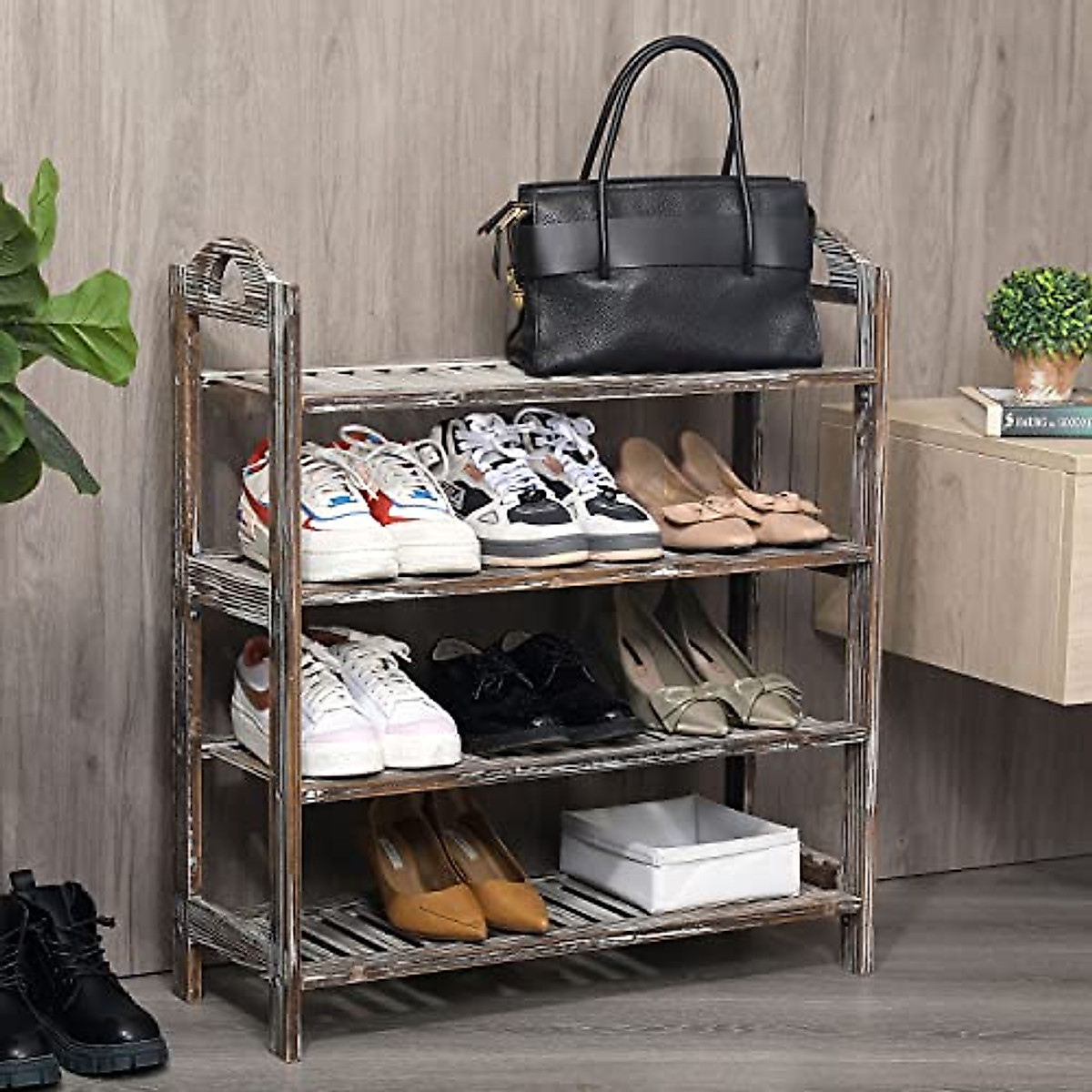 MyGift Torched Solid Wood Entryway Shoe Rack for Entryway, Closet Shoe Rack Organizer Storage Shelf with 4 Tier Wooden Slat Design