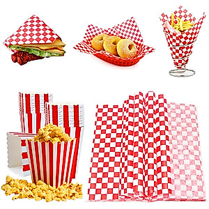 FHDUSRYO 100 Sheets Checkered Dry Waxed Deli Paper Sheets, Grease Resistant Checkered Basket Liner with 24 Popcorn Favor Boxes, Red and White Sandwich Paper Wraps for Party, Picnic (11x10.2inch)