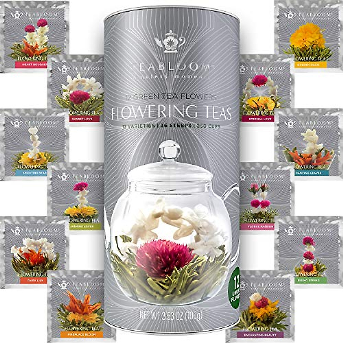 Teabloom Complete Tea Set – Teapot (40 OZ), Loose Tea Infuser, 4 Insulated Glass Teacups, Tea Warmer, and 12 Flowering Teas – Elegant Blooming Tea Gift Set