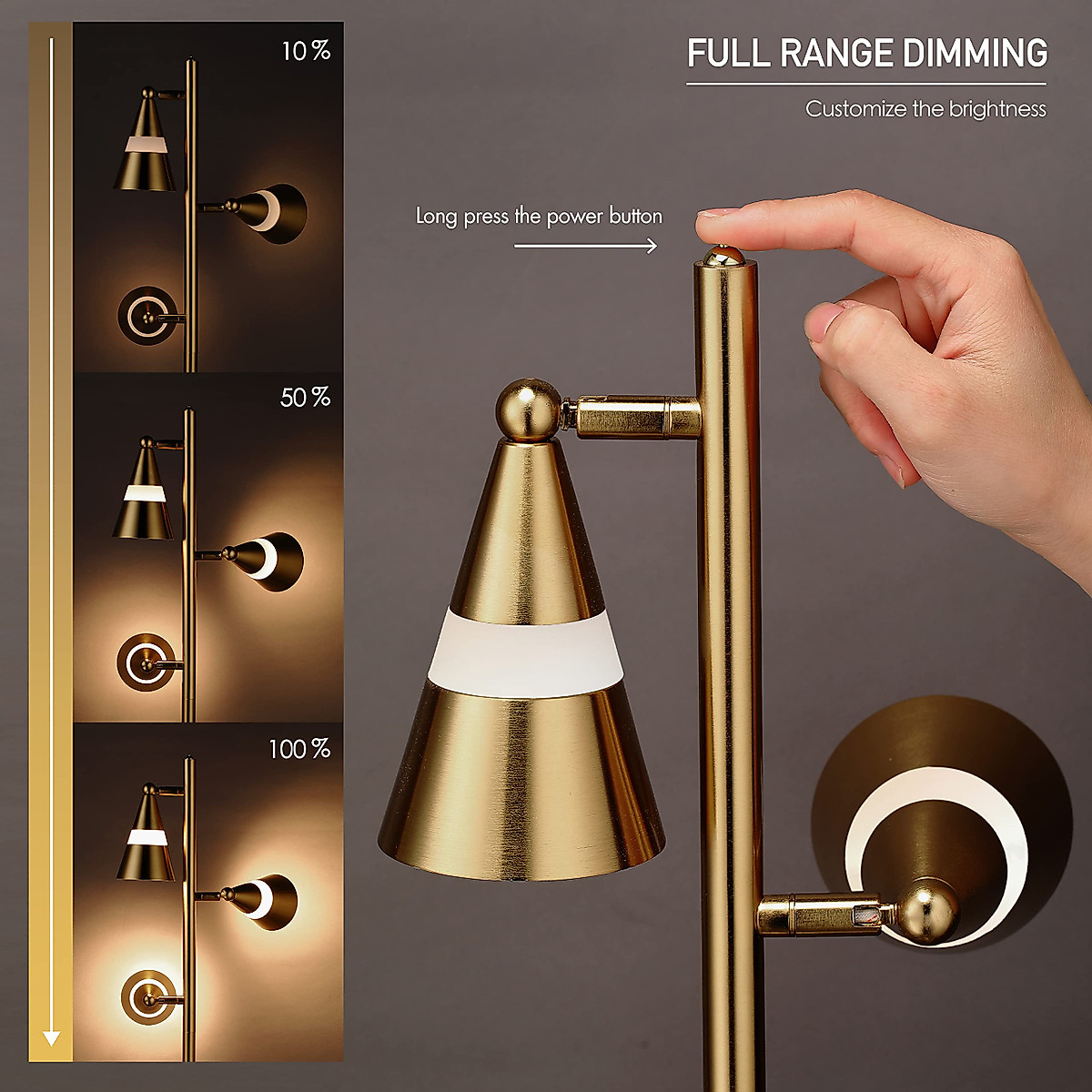 O’Bright Ash - 3-Light LED Tree Floor Lamp, Dimmable 3-Head LED, Multidirectional Standing lamp, Adjustable Multi-Shade, Swivel Cone Floor Lamp for Living Room, Bedroom, Antique Brass