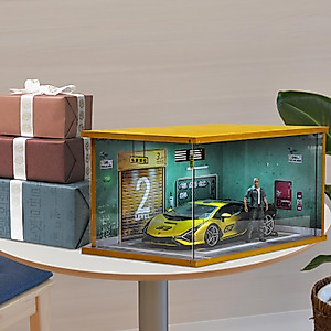 cxiiuui 1/18 Scale Display Case Car Garage Moldel with LED Light and Acrylic Cover Wooden Diecast Car Show Case 1 Parking Spaces Green