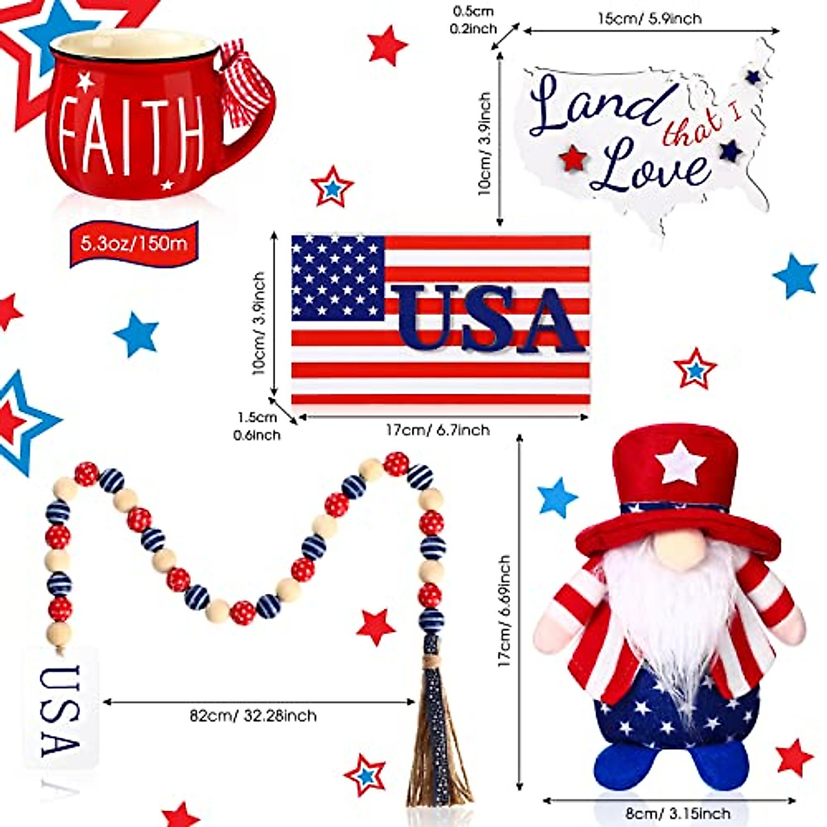 4th of July Tiered Tray Decor Set 6 Pieces Memorial Wooden Signs Forth of July Gnome American Coffee Mug and Beads Garland for Farmhouse Rustic Patriotic Independence Day Decoration