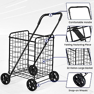 IRONMAX Grocery Shopping Cart, Foldable Heavy Duty Utility Cart w/Large Wheels for Easy Installation and Removal, Lightweight Trolley Cart for Grocery Laundry Luggage (Black)