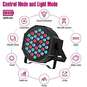 Rechargeable Par Lights 36W RGB Battery Powered, Wireless LED Par Lights DJ Uplights Sound Activated Remote Control for Wedding Events Club Party Church Stage Lighting