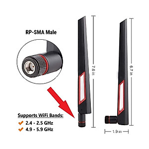 Black and Red 10dBi Dual Band Signal Booster Wi-Fi Antennas (2.4GHz/5GHz-5.8GHz) with RP-SMA Male Connector for Wireless Camera, Router, Hotspot - 2 Pack (Black/Red, RP-SMA Male)