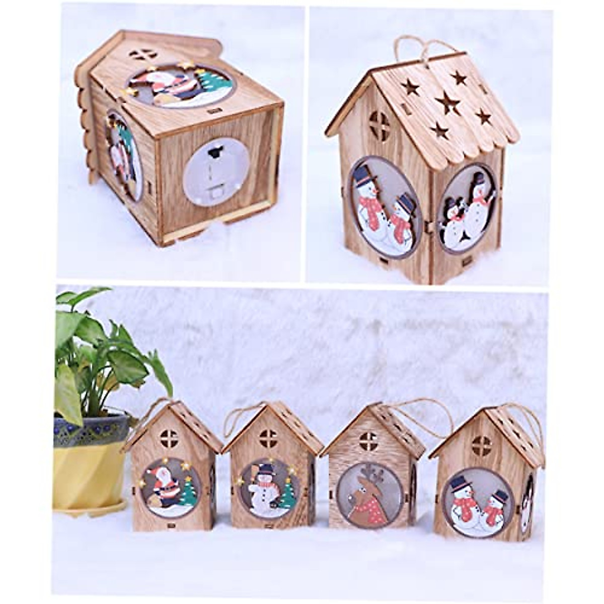 BESTOYARD 4pcs Glowing Wooden House Wooden Hanging Ornament Snow Globe Lantern Christmas lit House Snowman Night Light Desktop Wooden Village Home Decor Night Lamp Child Snowball Mini