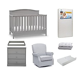 Delta Children Emery Crib 7-Piece Baby Nursery Furniture Set–Includes: Convertible Crib, Glider, Dresser, Changing Top, Crib Mattress, Sheets, & Changing Pad, Grey