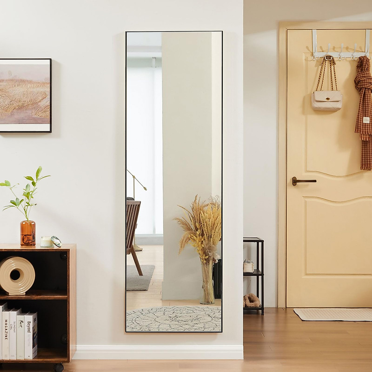 Sweetcrispy Full Length Mirror 59"x16" Full Body Floor Standing Mirror Hanging or Leaning Against Wall, Tall Wall Mirror with Stand Aluminum Alloy Frame for Bedroom Cloakroom, Black