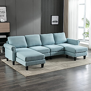 WILLIAMSPACE 108" Sectional Sofa for Living Room, Modern U Shape Couch with Solid Wood Legs, 5 Seat Fabric Sofa with Ottoman - Light Blue
