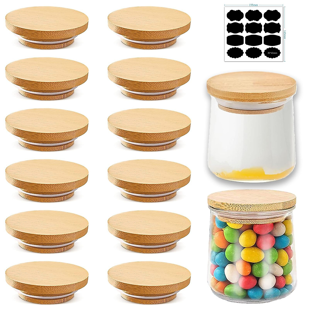 Oui Yogurt Jar Lids, 12 Pack Lids for Oui Yogurt Jars, Bamboo Wooden Lids for Oui Yogurt Jars, Reusable Yogurt Bamboo Jar Lids Set with Silicone Sealing, Oui Lids for Yogurt Jars