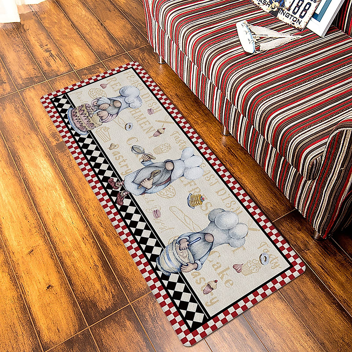 Chef Gnomes Antifatigue Kitchen Bath Door Mat Cushioned Runner Rug,Washable Welcome Floor Sink Mat,Fat Chef Kitchen Decor and Accessories Checkered Black White Red Plaid Comfort Doormat,24"x36"