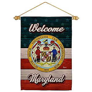 Welcome Maryland Garden Flag - Set Wood Dowel Americana States USA American Territories Republic Country Particular Area - House Decoration Banner Small Yard Gift Double-Sided Made in 13 X 18.5