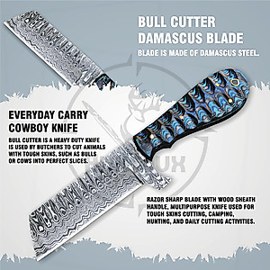 HUNTLUX Damascus Steel Hunting Knife with Sheath for Belt, Handmade 8" Sharp Bull Cutter Knife, EDC Fixed Blade Knife, Full Tang Cowboy Knife with Wooden Handle, Skinning Knife for Outdoor Camping