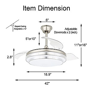 Bella Depot 42" Retractable Ceiling Fan with Lights and Remote with 3 Color Change, Timing Options, Silent Noiseless for Dining Room Bedroom Kitchen(Brushed Nickel, 42")