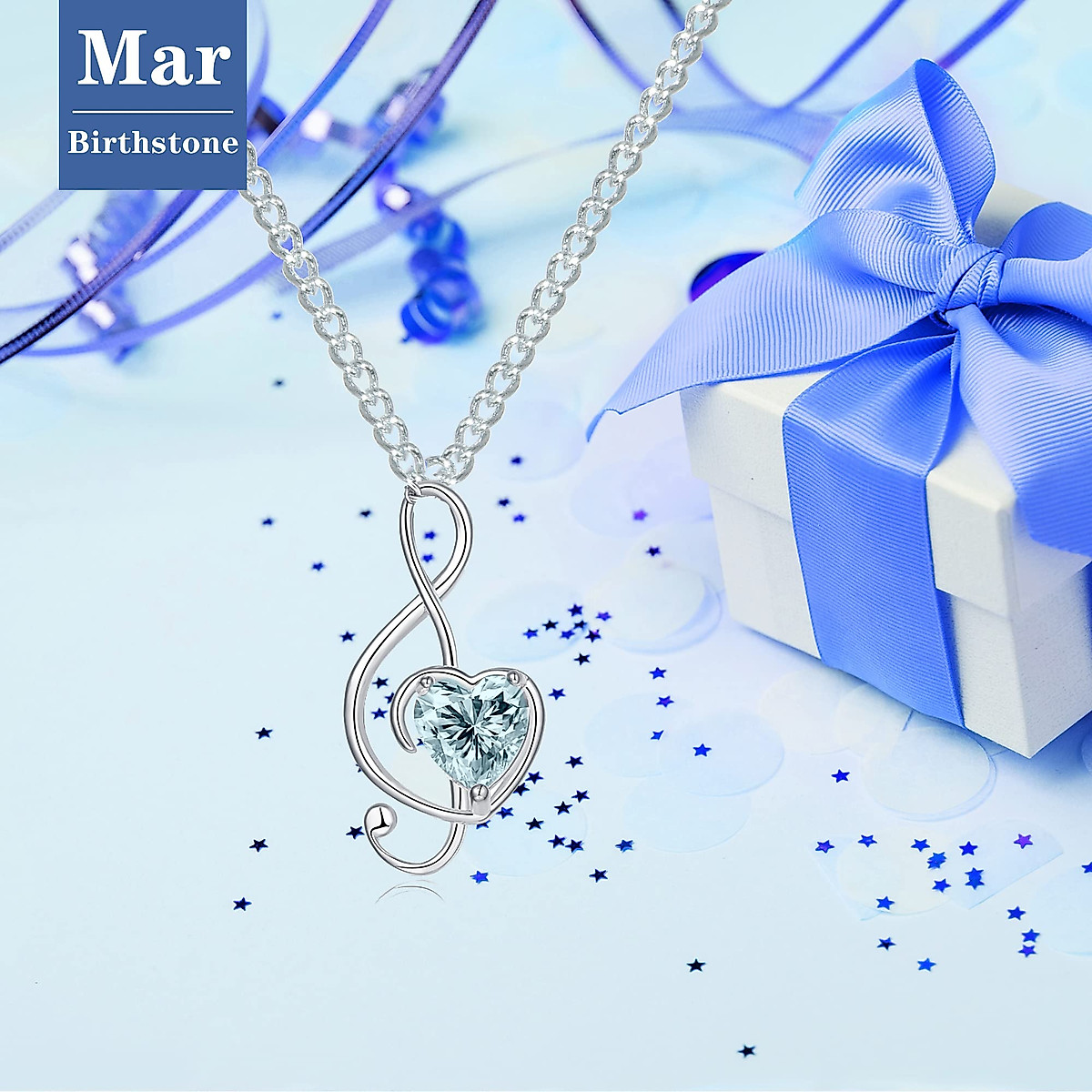 White Gold 925 Sterling Silver Blue Aquamarine Heart Treble Bass Clef Music Lovers Note Pendant Necklaces for Women Men March Birthstone Musical Rock Jewelry Birthday Mother Day Christmas Gifts