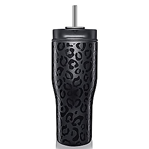 CIVAGO 30 oz Insulated Tumbler with Straw and Lid, Stainless Steel Travel Coffee Mug Cup, Double Wall Vacuum Water Bottle, Black Leopard