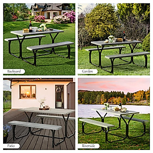 Giantex Picnic Table Bench Set Outdoor Camping All Weather Metal Base Wood-Like Texture Backyard Poolside Dining Party Garden Patio Lawn Deck Furniture Large Camping Picnic Tables for Adult (Gray)