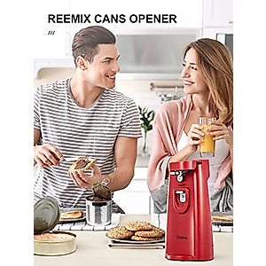 Electric Can Opener, Reemix Automatic Can Opener with Knife Sharpener and Bottle Opener 3 in 1, Easy Push Down Lever (Red)