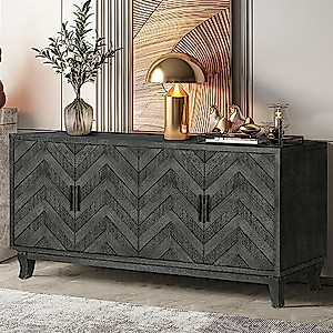 HZXINKEDZSW Vintage Buffet Cabinet with 4 Door and Adjustable Shelves,Wooden Lacquered Accent Sideboard,Console Table for Entryway,Living Room,Bedroom,Taupe Grey