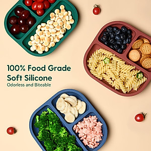 BABELIO Powerful Suction Plates for Baby and Toddler, 100% Food Grand Silicone Divided Baby Plates, BPA Free, Microwave & Dishwasher Safe, Stay Put with 4 Suction Cups, 3 Pack