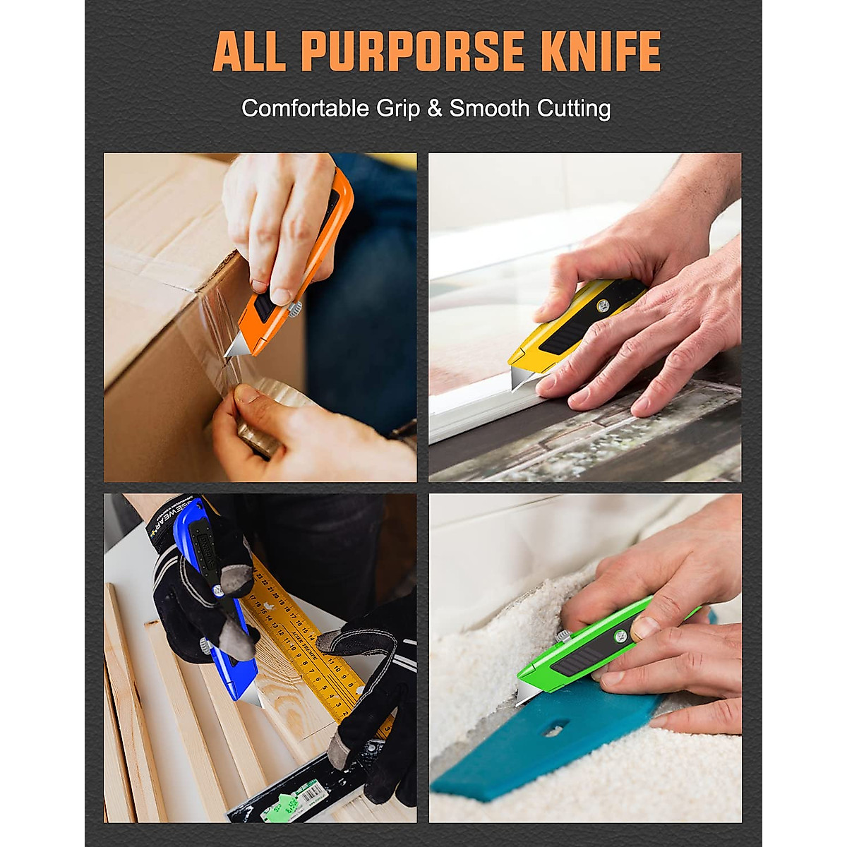 Utility Knife Box Cutter Retractable Heavy Duty SK5 Steel Blades Razor Knife Utility For Boxes Cardboard Carpet 2Pack Box Cutters (4-Pack, Multicolored)