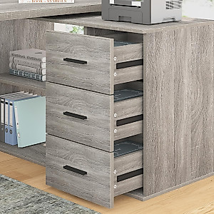 HSH 360° Rotating L Shaped Computer Desk with 3 Drawers and 2 Shelves, Home Office Swivel Desk for Work Writing Study Gaming, Reversible Wood Corner Desk with Storage Cabinet, Light Grey Oak, 55 Inch