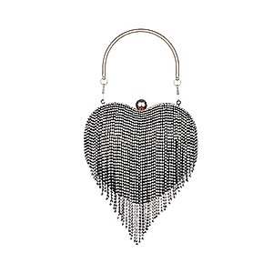 Sither Rhinestone Tassel Handbag Purses for Women Evening Handbag Purses Heart Shape Tassel Clutch Purses Sparkly Clutches Shoulder Chain Bags for Party Prom Christmas Gift (black)