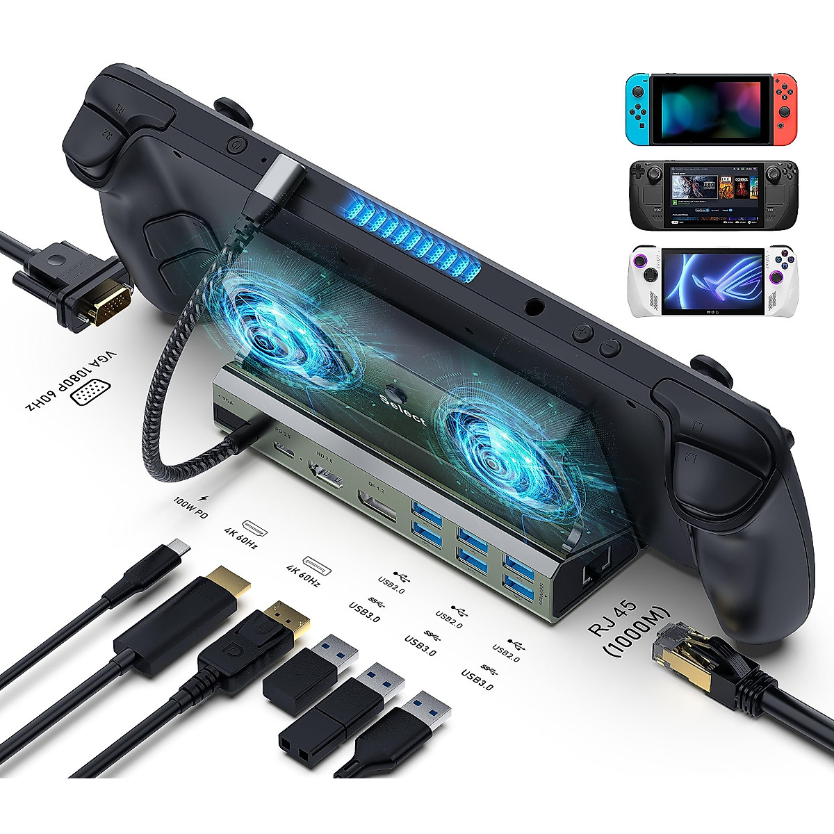 BALQTENH Steam Deck Dock,Steam Deck Docking Station 3 Monitors 2 Steam Deck Fan,11 in 1 Triple Monitor Docking Station Asus Rog Ally Dock Nintendo Switch Docking Station 100W PD Charging Port