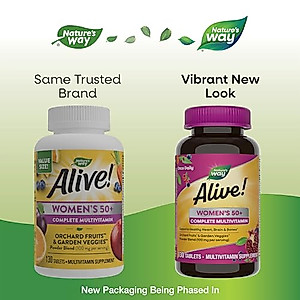 Nature's Way Alive! Women's 50+ Complete Multivitamin, Supports Healthy Heart, Brain, Bones*, B-Vitamins, Gluten Free, 130 Tablets (Packaging May Vary)
