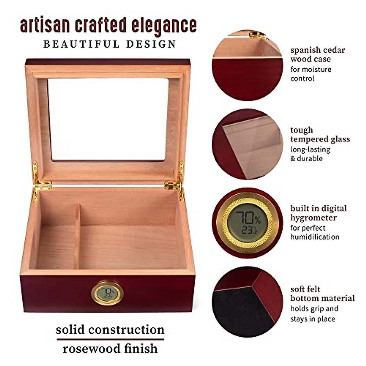 Mantello Humidor Cigar Box, Royal Glass-Top Cigar Humidors- Gifts for Men - Cigar Humidor Box for 25-50 Cigars with Digital Hygrometer & Divider - Spanish Cedar Wood Interior, Rich Cherry Finish