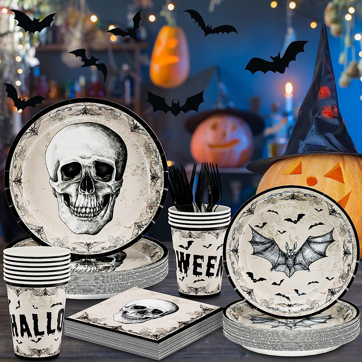 DYLIVeS Halloween Party Supplies Kit, Halloween Skull Bats Disposable Tableware, Includes Dinner Plates, Dessert Plates Napkins Cups Forks, Halloween Birthday Party Decorations Adults, Serve 24