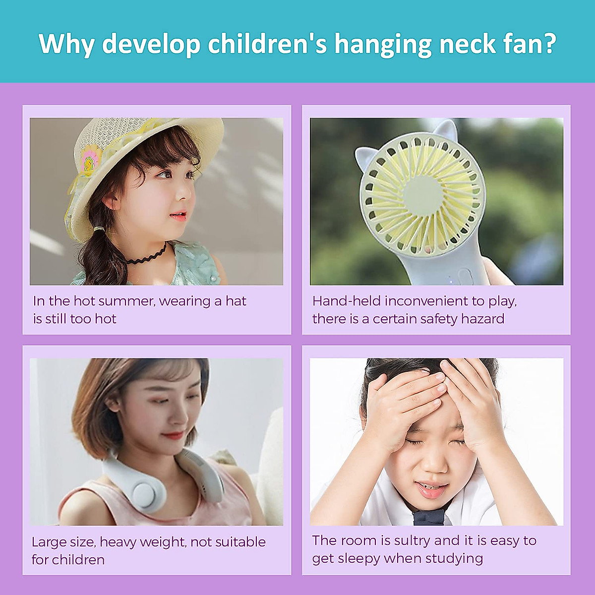 ICEBIRDS Portable Neck Fan for Kids 2021 New Bladeless Fan, USB Rechargeable Battery Operated Hanging Personal Mini Fan，Cartoon Headphone Design, Wearable Creative Leafless Fan，3 Speeds-Dinosaur Cyan