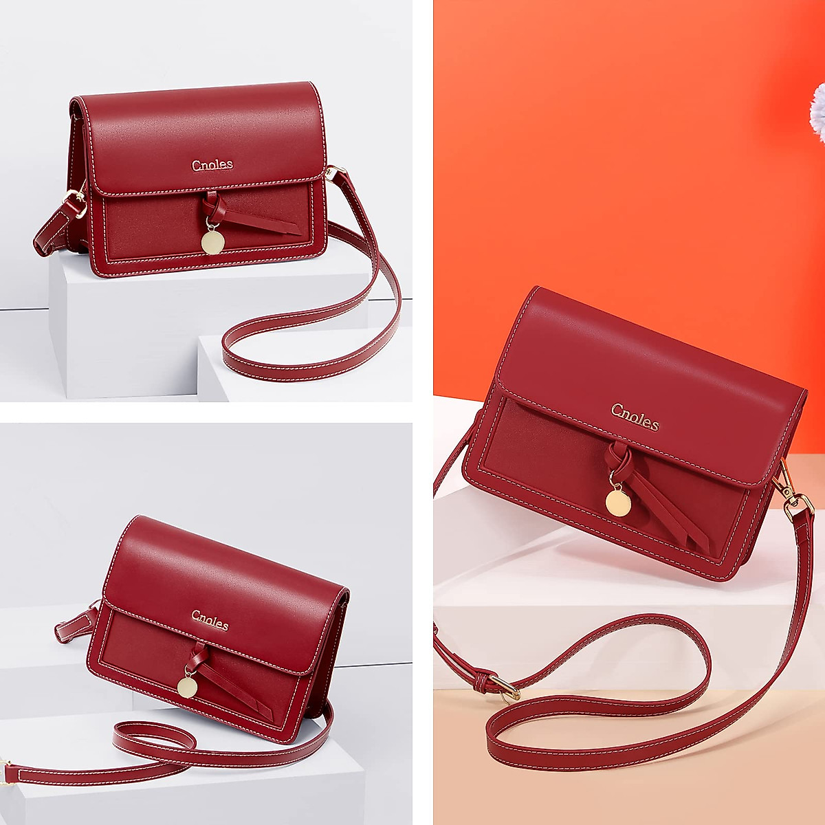 Cnoles Small Crossbody Shoulder Bag for Women Genuine Leather Cell Phone Bags Card Holder Wallet Purse and Handbags Red