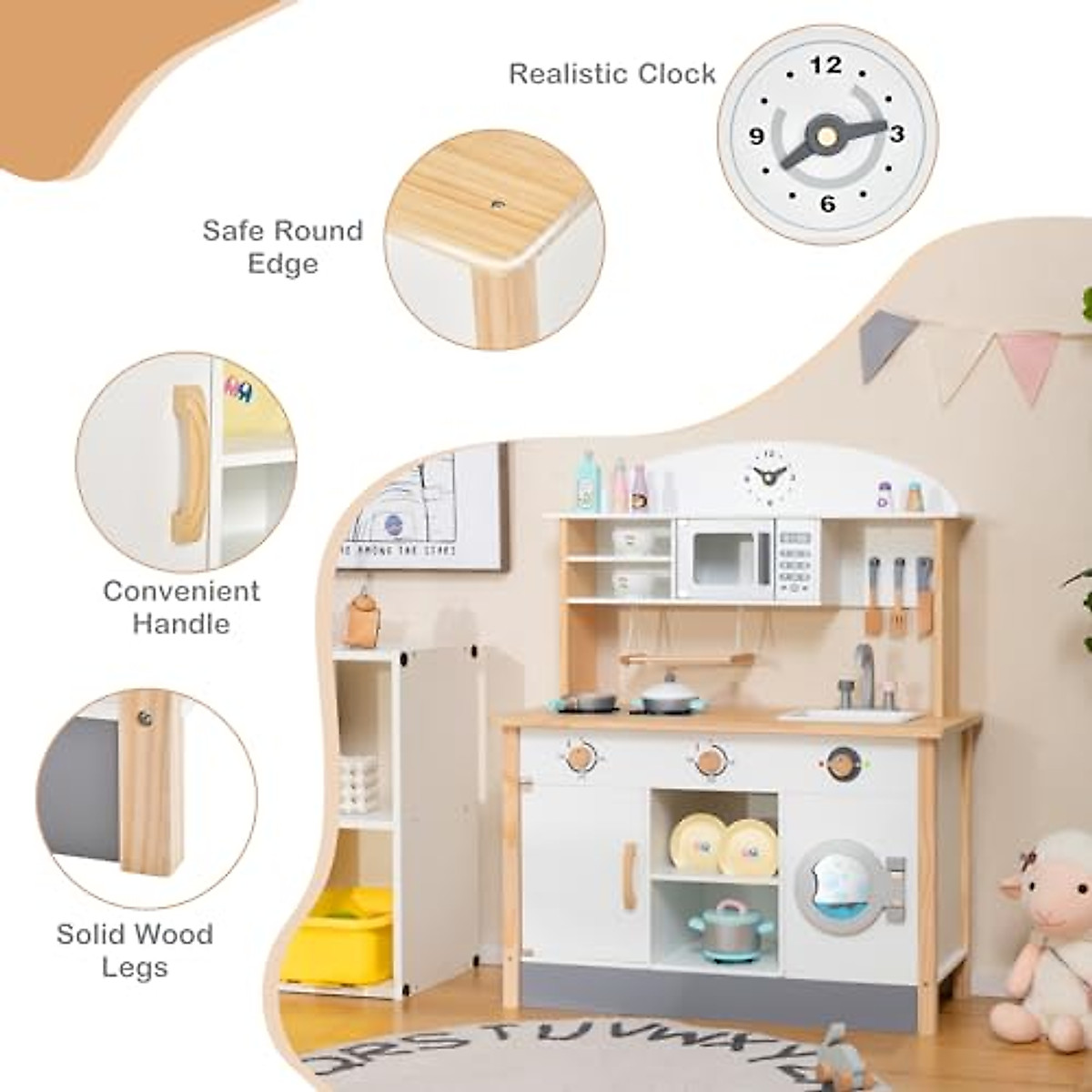 Costzon Kids Kitchen Playset, Wooden Pretend Cooking Toy with Sink & Faucet, Microwave, Dish Rack, Washing Machine, Play Kitchen with 15 PCS Toy Accessories for Toddlers, Gift for Boys Girls 3+