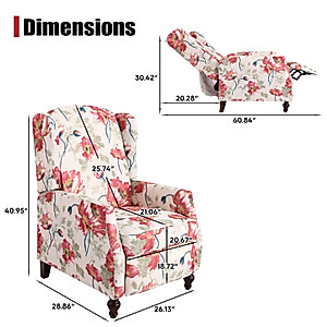 Consofa Wing Back Recliner Chair, Traditional Push Back Recliner Chair with Padded Seat, Upholstered Tufted Fabric Wingback Chair with Wooden Legs, Floral Accent Chairs for Living Room