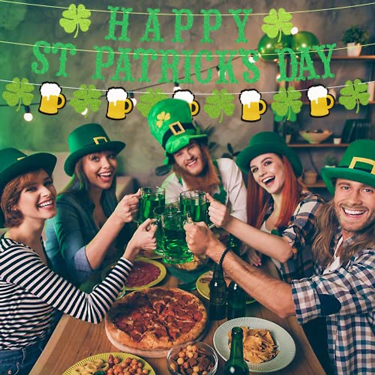 St Patricks Day Banner, SEPGLITTER 3 Strings St. Patrick's Banner Gold Glitter Saint Patricks Day Decorations Happy St. Patrick's Day Banner Decor with Clover Signs for Shamrock Garland Party Supplies