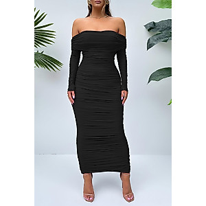 PRETTYGARDEN Women's Fall Off Shoulder Maxi Bodycon Dress Long Sleeve Ruched Fitted Club Dresses with Slit (Black,Small)
