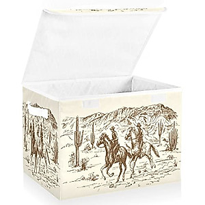Western Desert Cowboy Storage Basket 16.5x12.6x11.8 In Collapsible Fabric Storage Cubes Organizer Large Storage Bin with Lids and Handles for Shelves Bedroom Closet Office