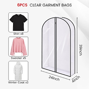 JOHOUSE Garment Bags for Hanging Clothes, 40inch Clear Dress Suit Coats Jackets Shirts Hanging Clothes Storage for Closet Storage and Travel，6PCS