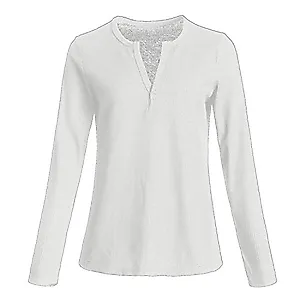 iChunhua Womens Waffle Knit Tunic Blouse Casual Long Sleeve V Neck Warm Cozy Tee Shirt White