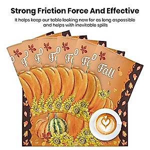 Thanksgiving Placemats Set of 6, Fall Pumpkin Sunflower Heat Resistant Dining Table Placemats, Autumn Leaf Macrame Square Washable Wipeable Linen Fabric Cloth Place Mats for Holiday Kitchen Decor
