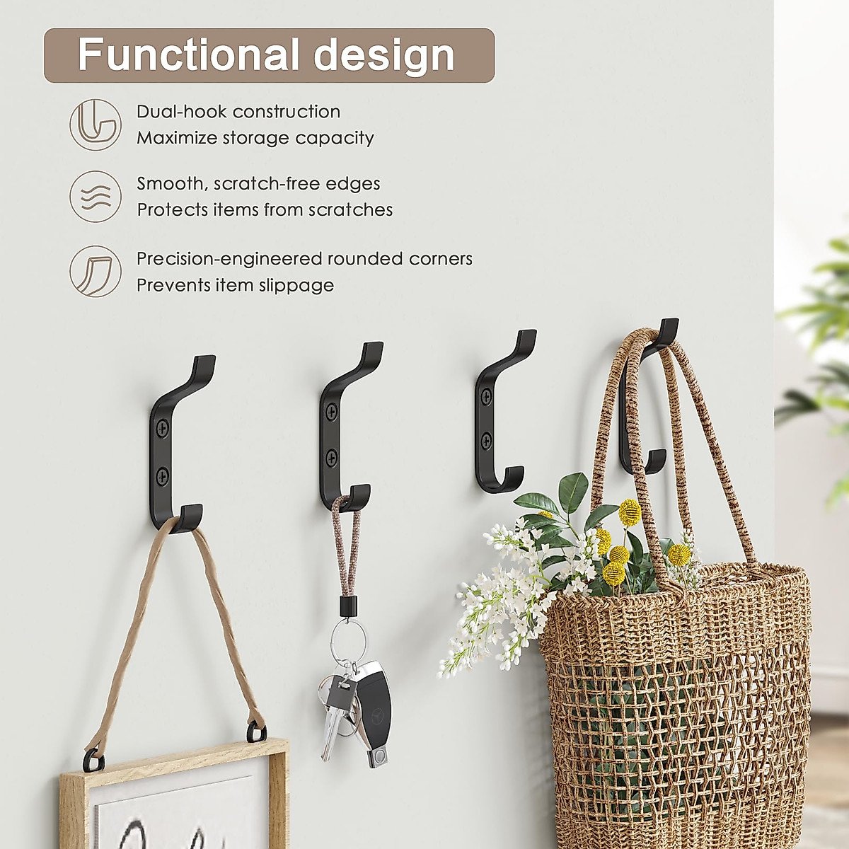 MXARLTR Metal Wall Hooks 6 Pack Bathroom Towel Coat Hooks for Hanging Heavy Duty Wall Mounted Robe Hooks Wall Hooks for Bathroom Bedroom Wall Kitchen Garage Entryway Home Hotel (Black)