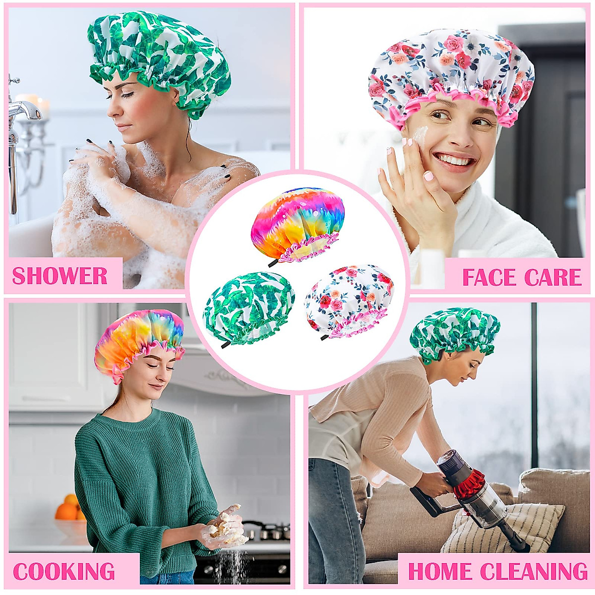 Shower Cap for Women, 3 Pcs Adjustable Shower Cap for Women Girls, Unicorn Wide Elastic Band, Plastic Reusable Waterproof, Large Shower Cap for Long Hair Reusable Waterproof Shower Caps for Ladies