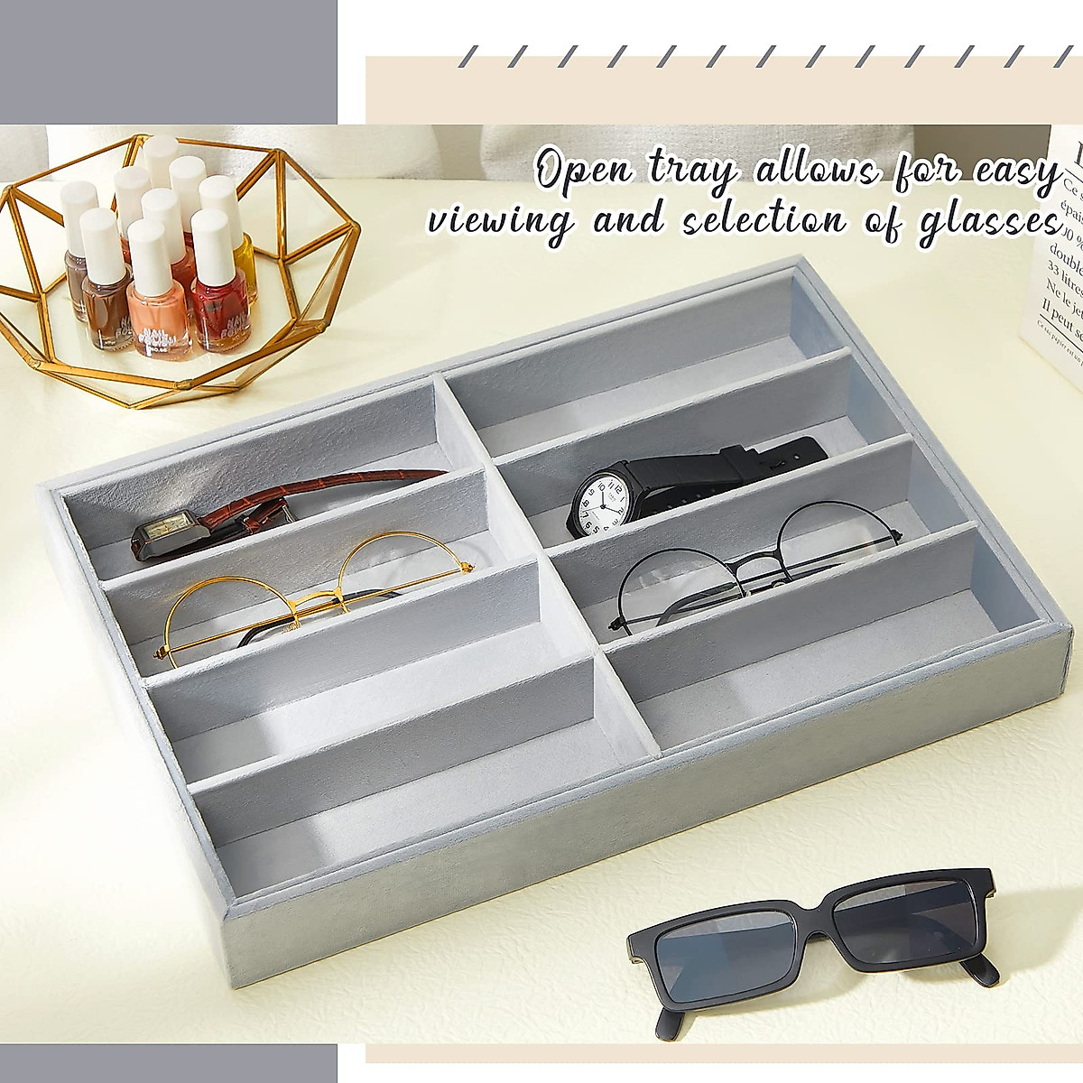 Amylove 2 Pieces Sunglass Organizer Trays Velvet Glasses Tray Stackable Jewelry Organizer Trays Sunglass Display Organizer Sunglass Display Box, 8 Grids (Gray)